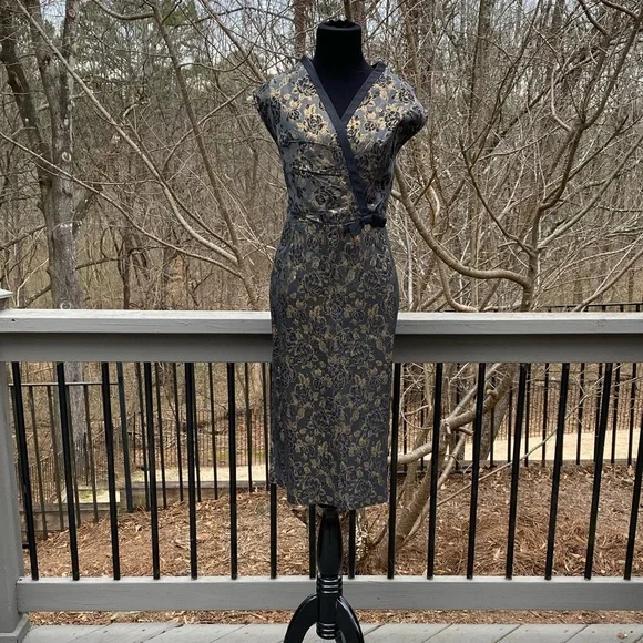 Vintage | Dresses | Vintage 6s Gold Damask Floral Vneck Bow Embellushed ...